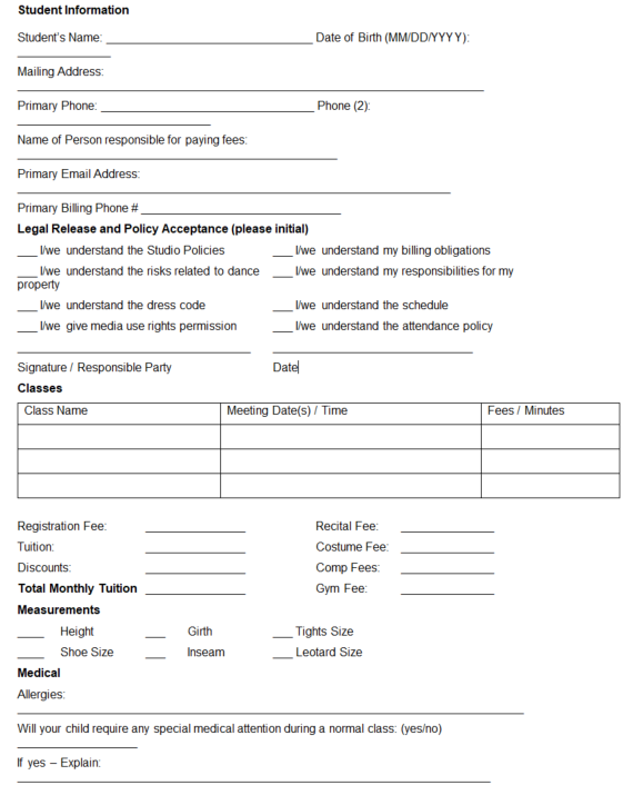 Dance Registration Form Template | Studio Pro